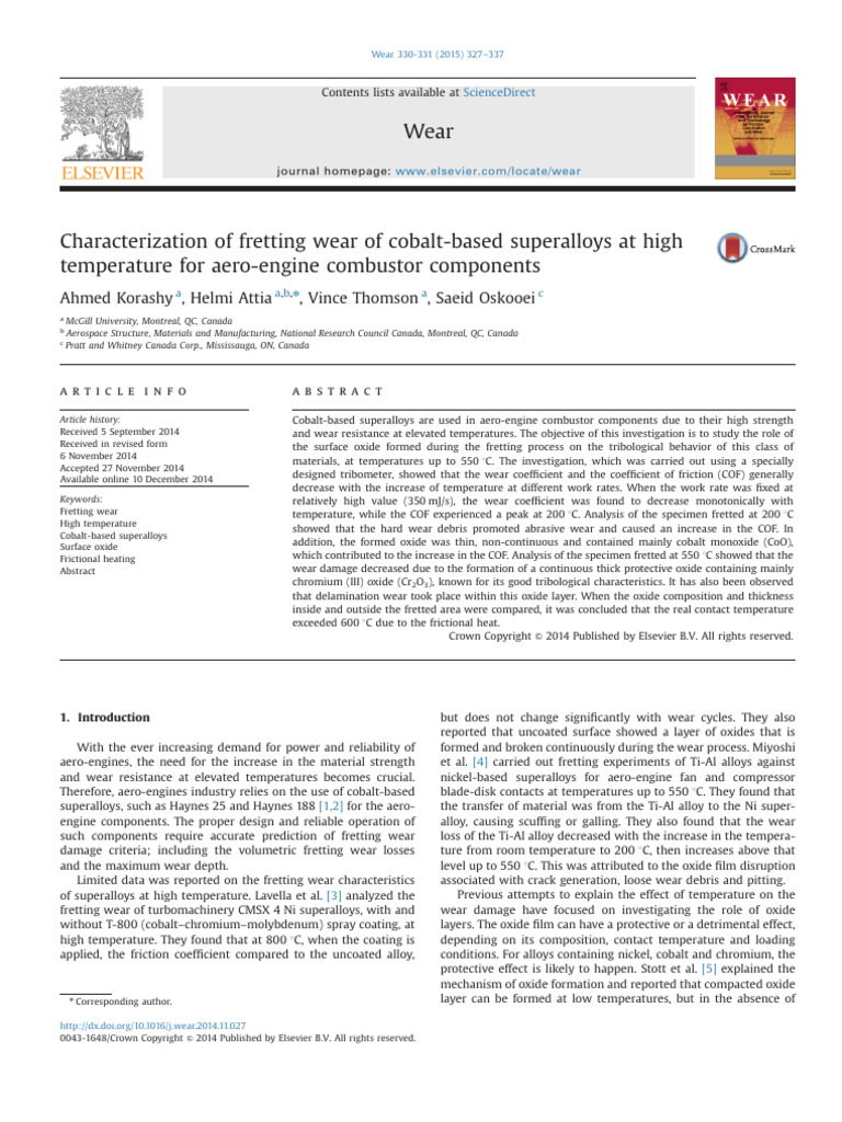 Characterization of Fretting Wear of Cobalt Based Superalloys at Hig ...