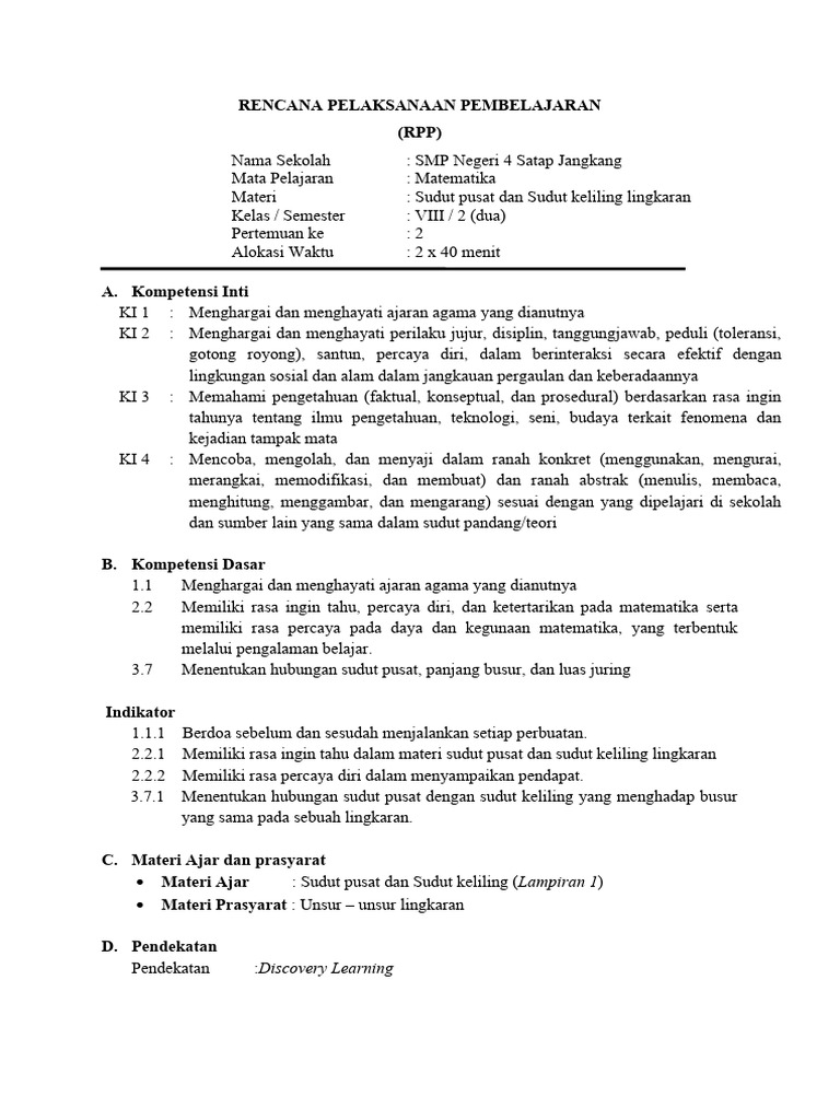RPP Discovery Learning Sudut Pusat Dan Sudut Keliling | PDF