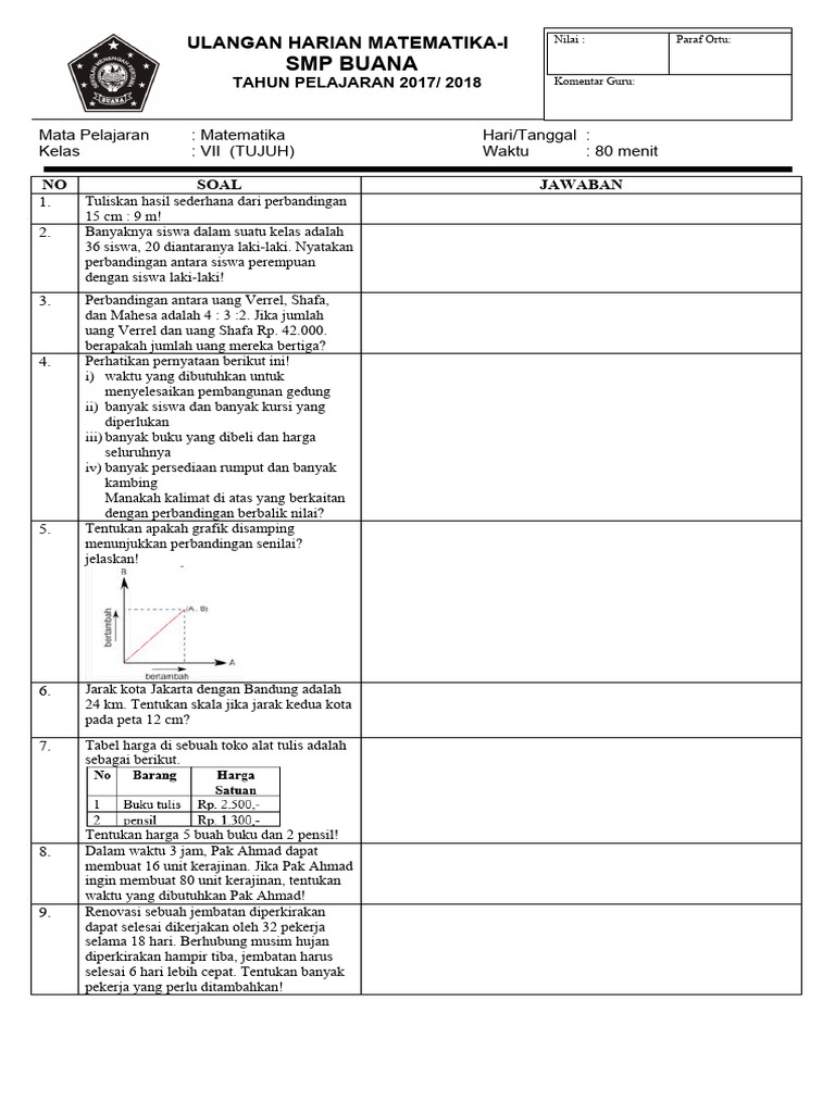 Ulangan Harian Matematika Kelas VII | PDF