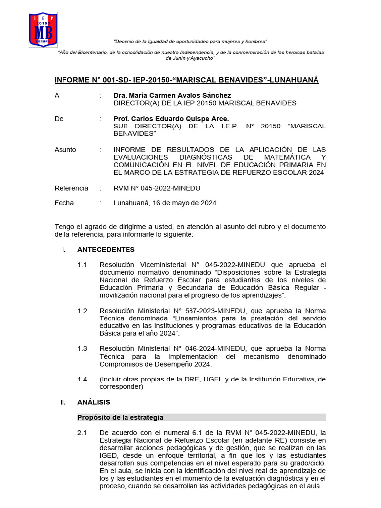 Formato para Informe Resultados de La Evaluación Diagnóstica (Recuperado Automáticamente ...