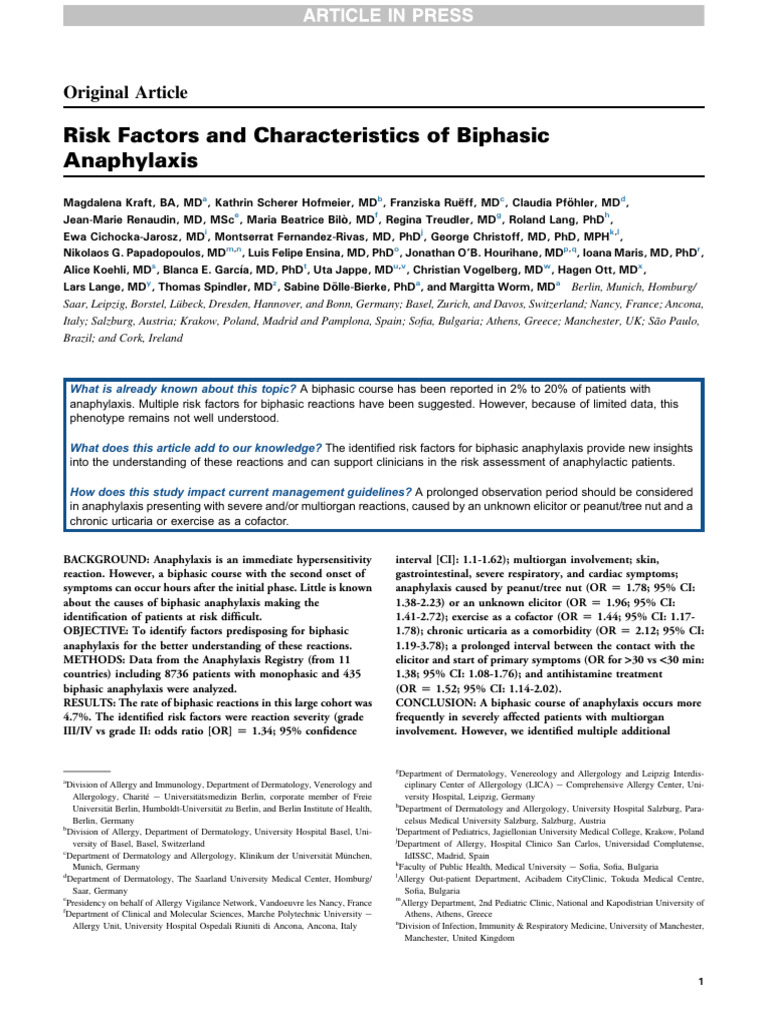 Kraft 2020 - Risk Factors and Characteristics of Biphasic Anaphylaxis ...