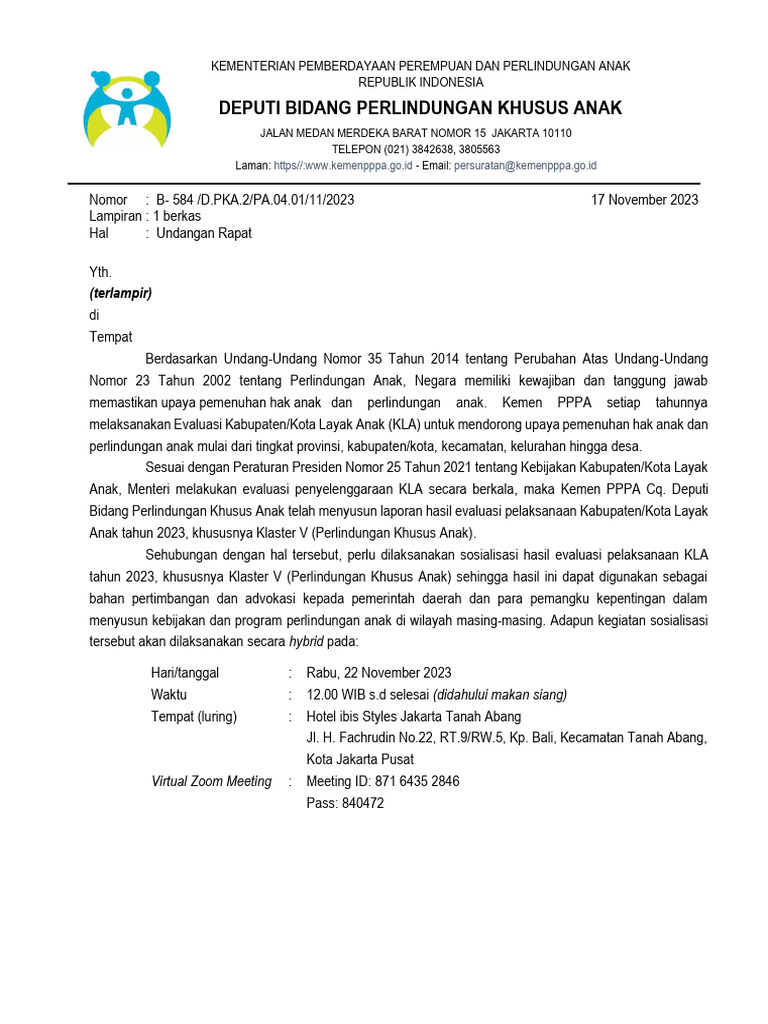 Surat Undangan Sosialisasi Laporan Evaluasi KLA, Klaster V 22 November 2023 Hybrid - Acc - Sign1 ...