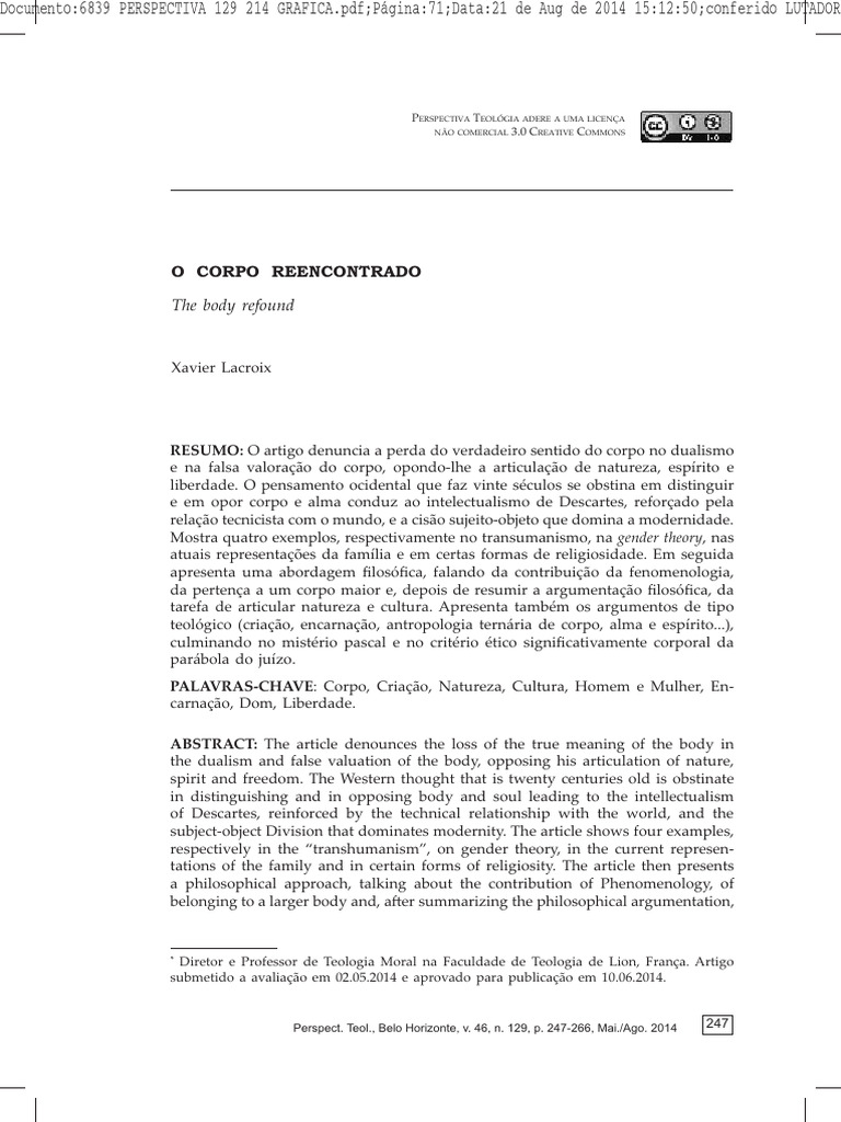 (ARTIGO) O Corpo Reencontrado - Xavier Lacroix | PDF | Heterossexualidade | Família