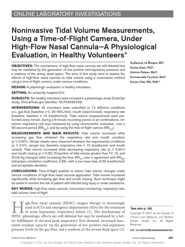 Noninvasive Tidal Volume Measurements, Using A Time-of-Flight Camera ...
