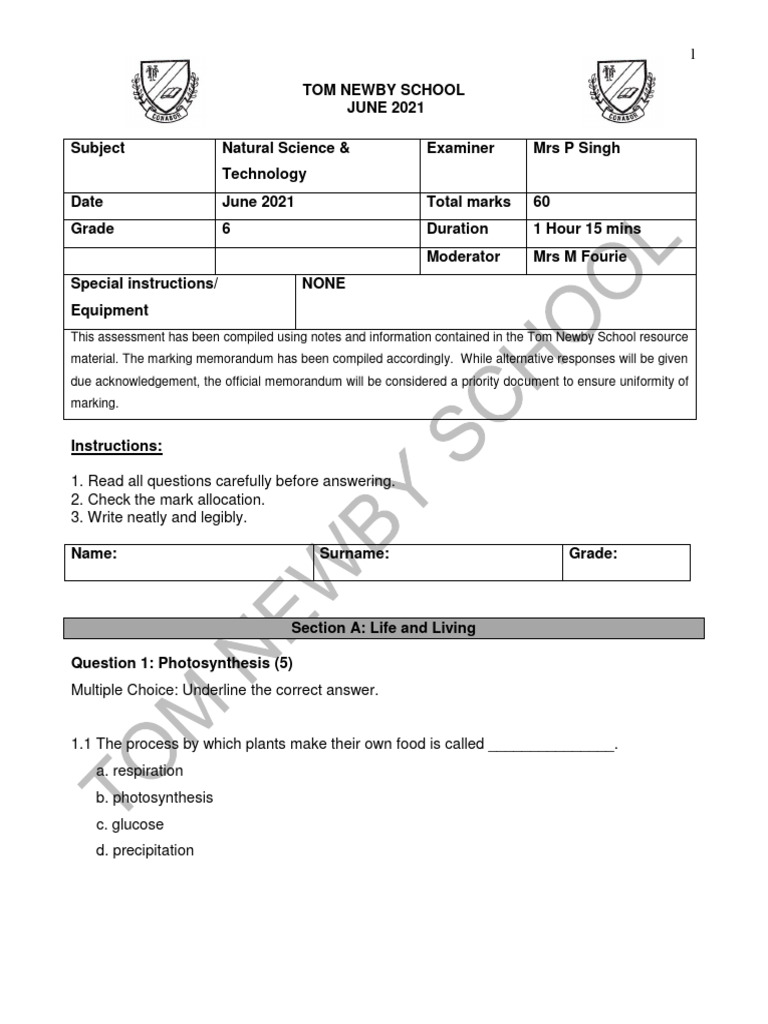 Grade 6 Natural Science Exam 2021 | PDF | Mixture | Photosynthesis