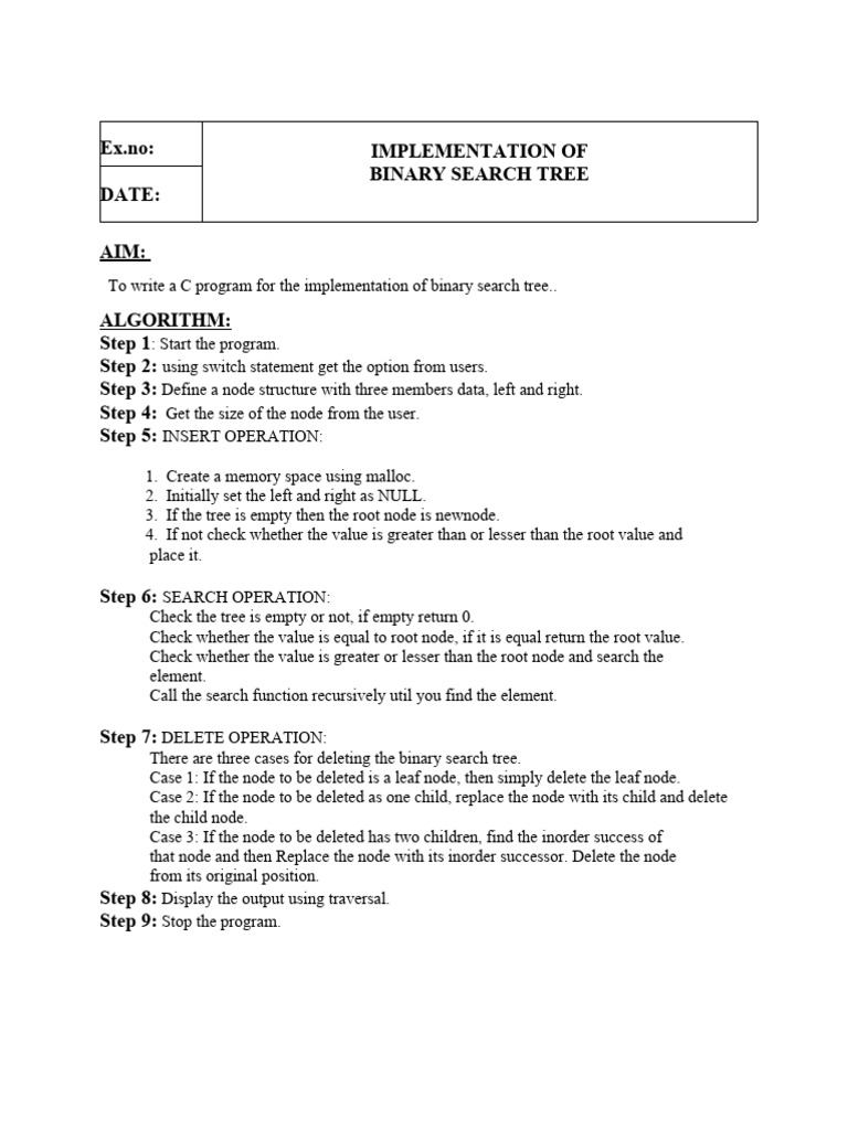 Ex - No: Implementation of Binary Search Tree Date: Aim | PDF | Algorithms And Data Structures ...