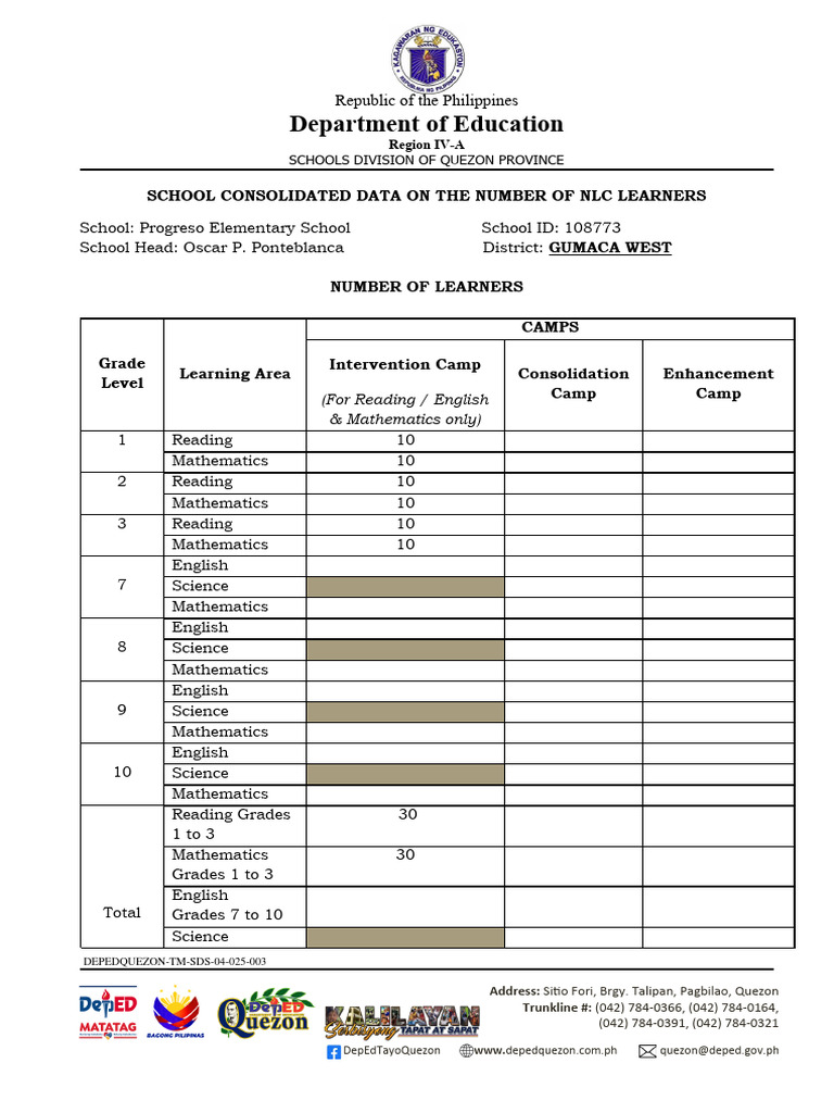 TEMPLATE School Consolidated Data On The Number of NLC Learners | PDF