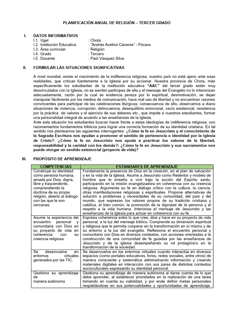 PLANIFICACIÓN ANUAL DE RELIGIÓN - TERCER GRADO - 2023 | PDF ... PLANIFICACIÓN ANUAL DE RELIGIÓN - TERCER GRADO - 2023 | PDF ...