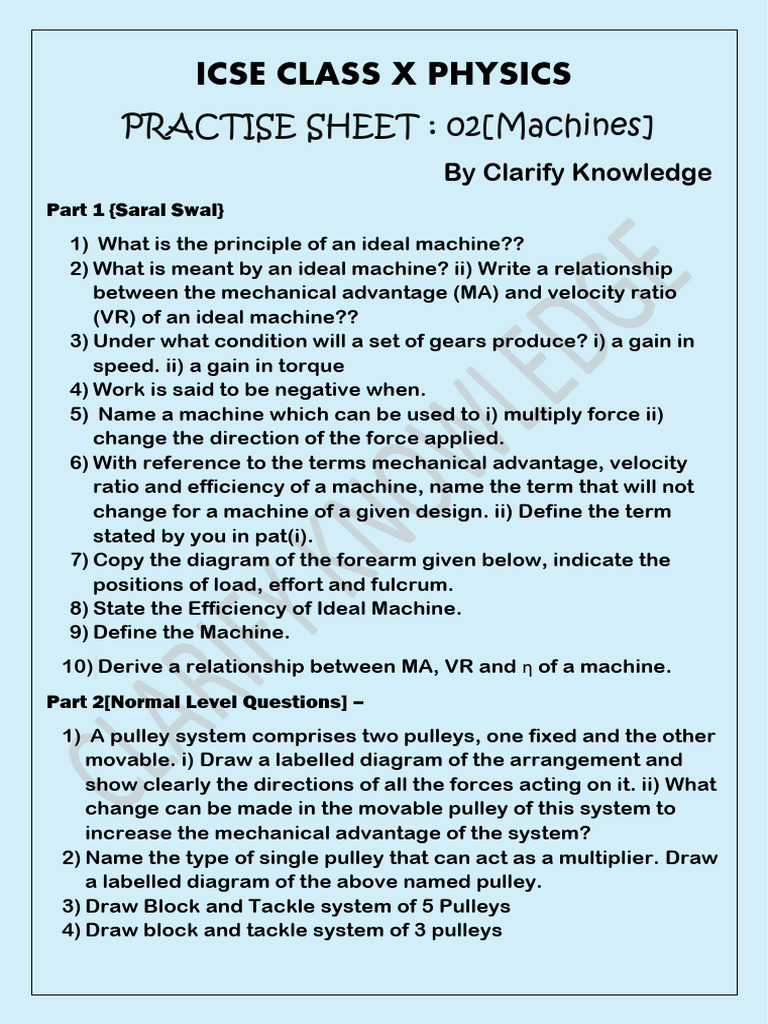 ICSE Class X Physics: Machines Practice Sheet | PDF | Physics | Machines