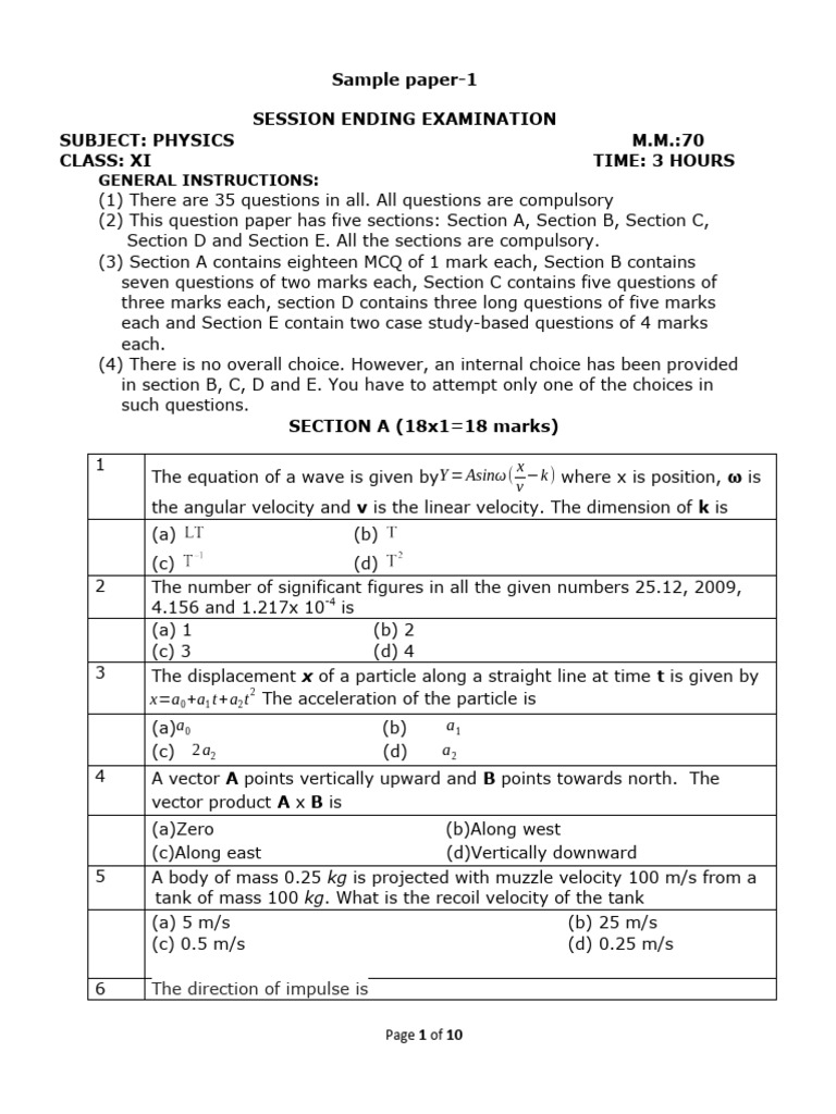 Sample Paper - 1 | PDF | Force | Acceleration