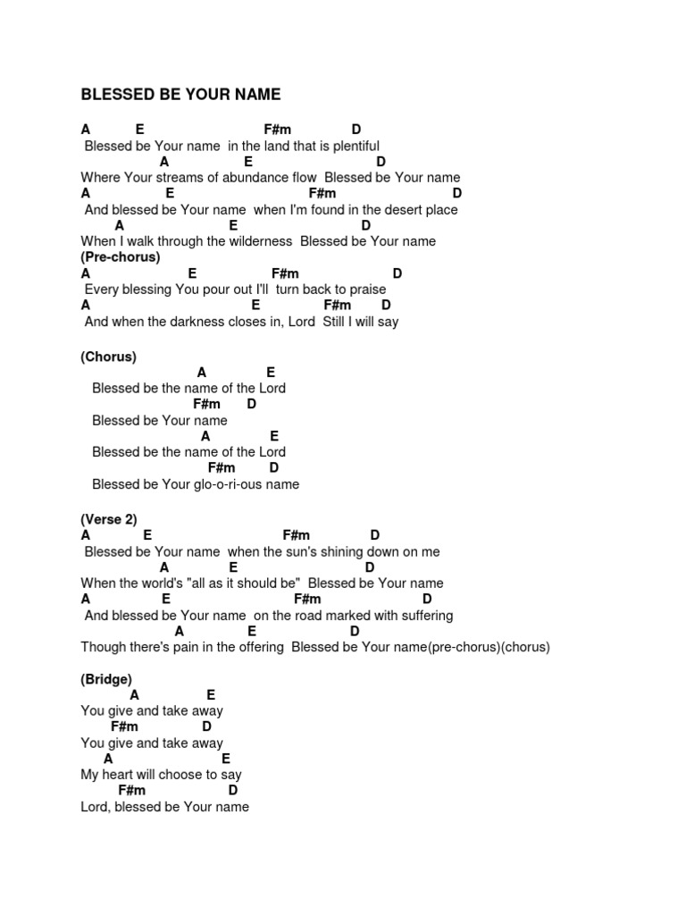 Blessed Be Your Name Lyrics & Chords | PDF | Poetry