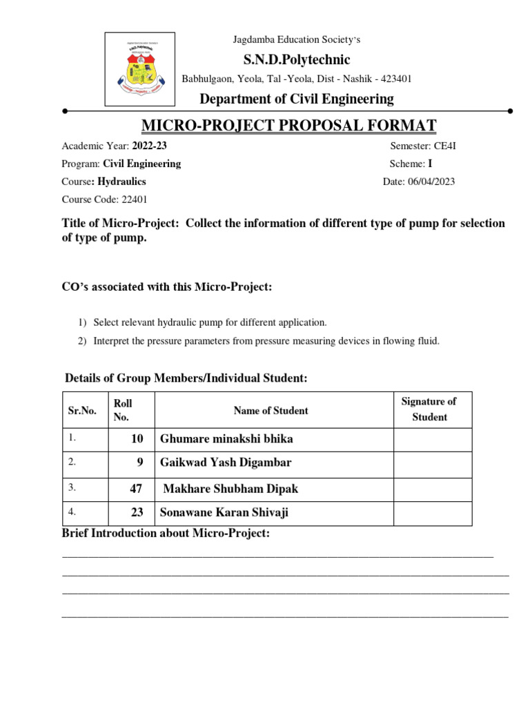 hydrualis Micro Project Proposal Format | PDF