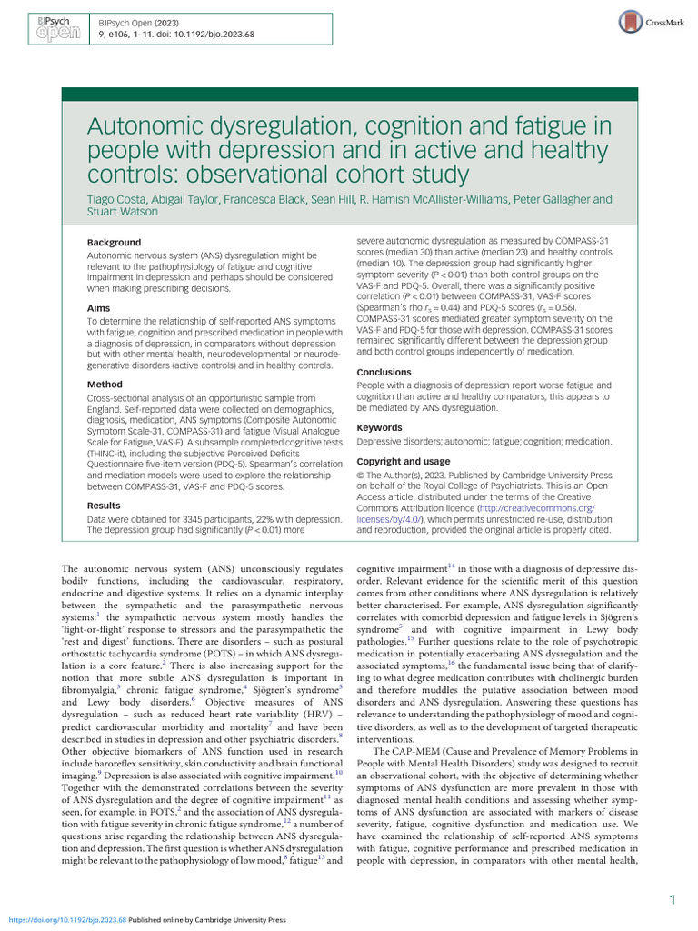 Autonomic Dysregulation Cognition and Fatigue in People With Depression ...