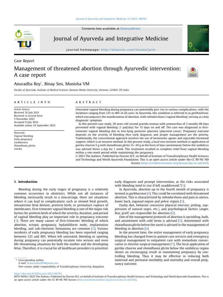 Management of Threatened Abortion Through Ayu - 2023 - Journal of ...