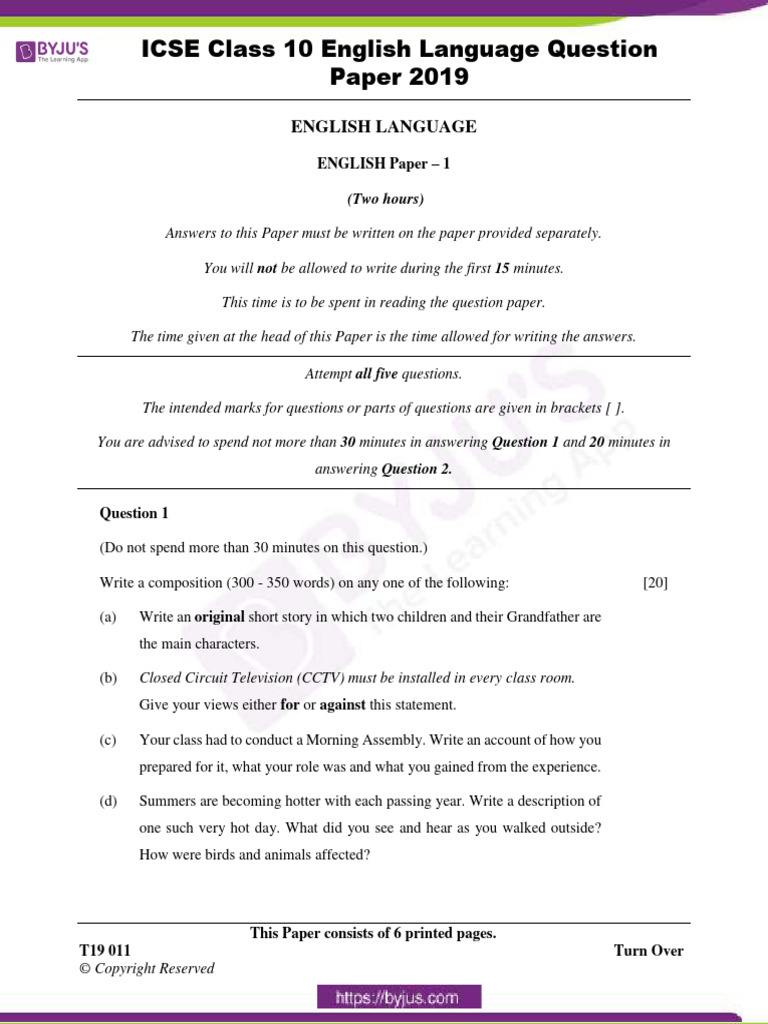 ICSE Class 10 English Language Question Paper 2019 | PDF