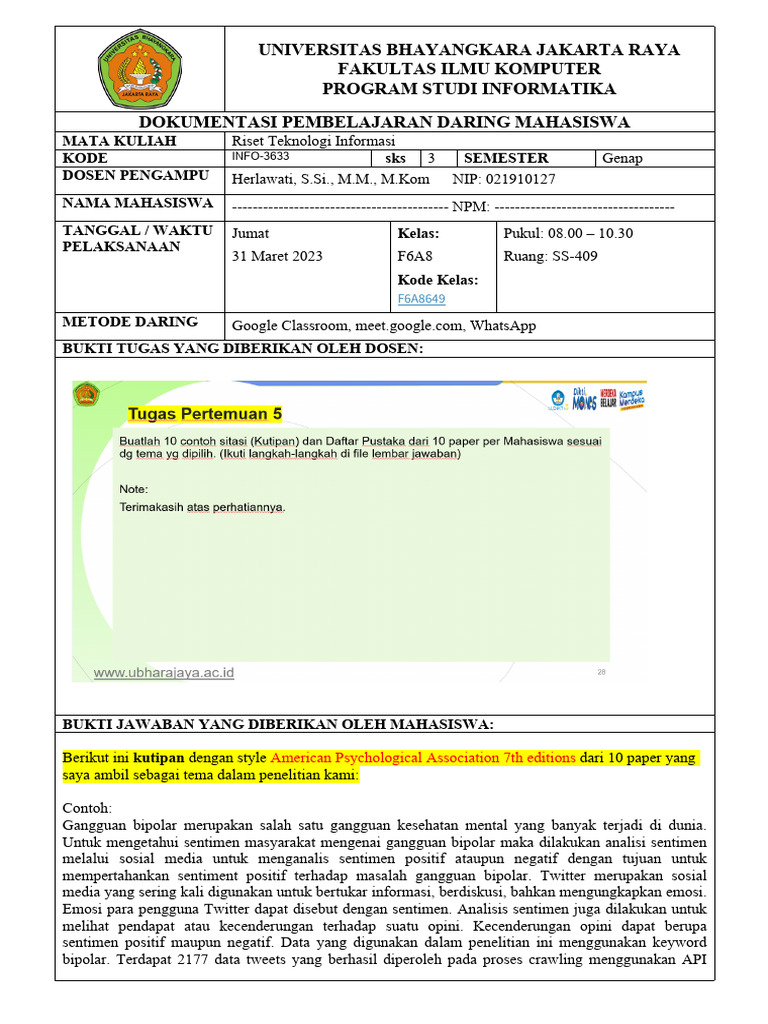 Contoh Lembar Jawaban Tugas Pertemuan 5 | PDF
