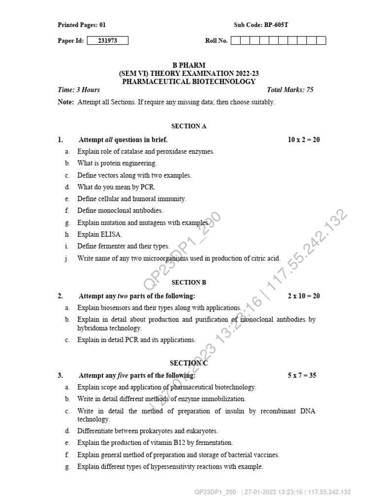 BP-605T Pharmaceutical Biotechnology Exam | PDF | Monoclonal Antibody ...