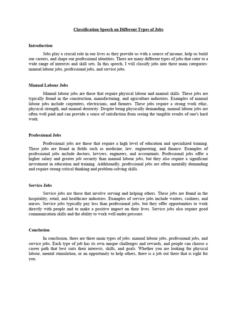 Classification Speech On Different Types of Jobs | PDF | Mind | Nursing