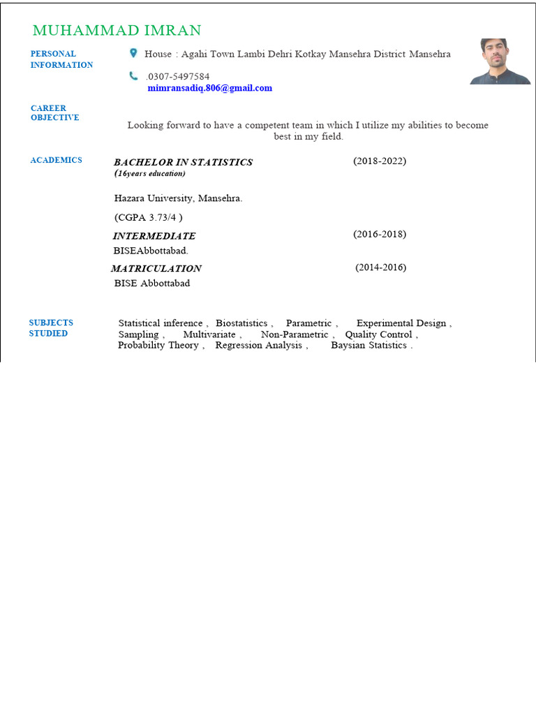 CV Muhammad Imran | PDF | Statistics | Statistical Inference