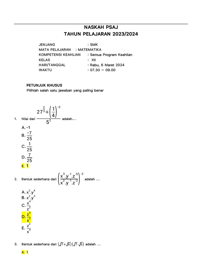 Latihan Soal Matematika Psaj 2023-2024 Untuk Siswa | PDF | Metode & Bahan Ajar