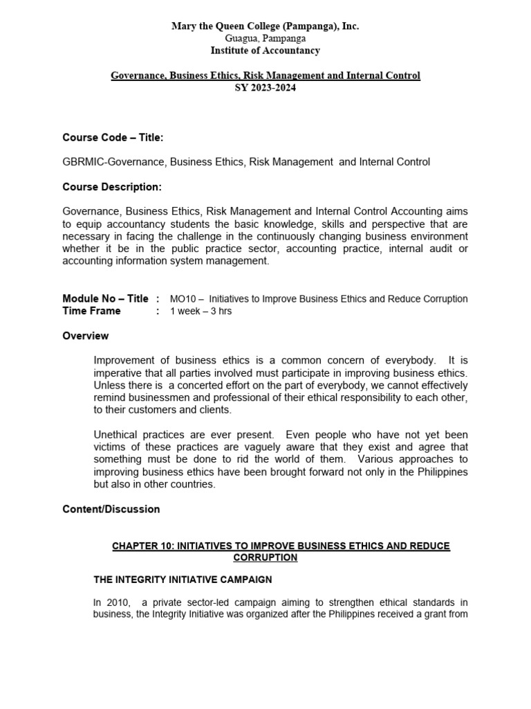 MQC GBERMIC Module-10 | PDF | Business Ethics | Internal Control
