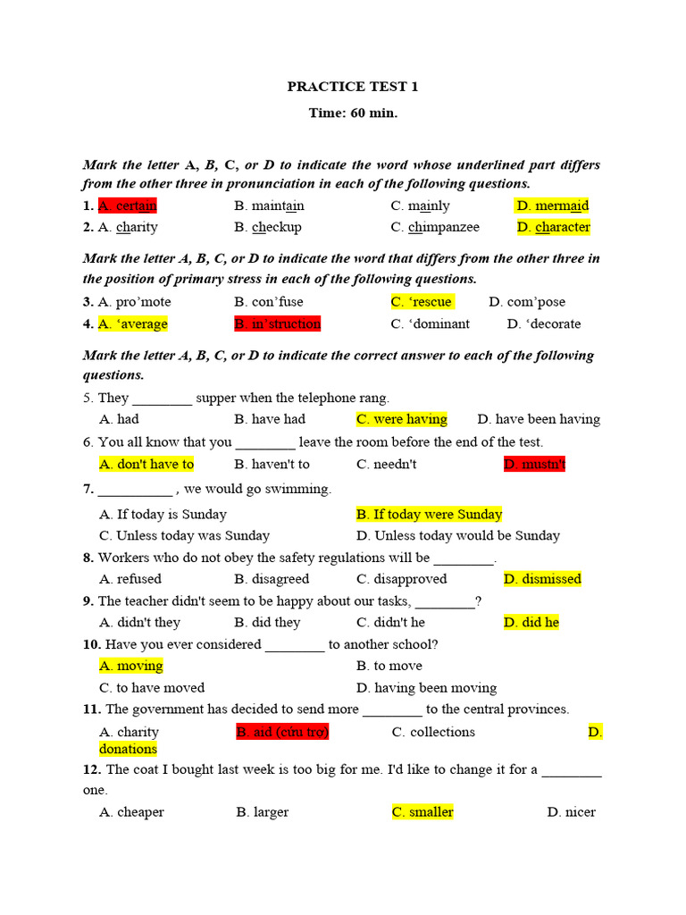 Practice Test 1 | Download Free PDF | English Language | Vocabulary