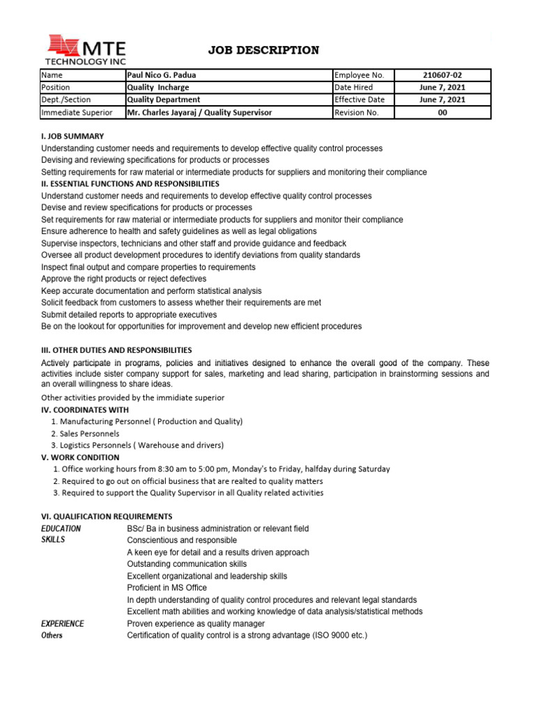 Quality Control Job Description | PDF | Occupational Safety And Health ...