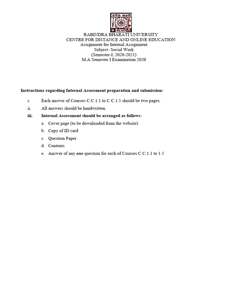 Internal Assessment Questions For Social Work of The Session 2020 2021 ...