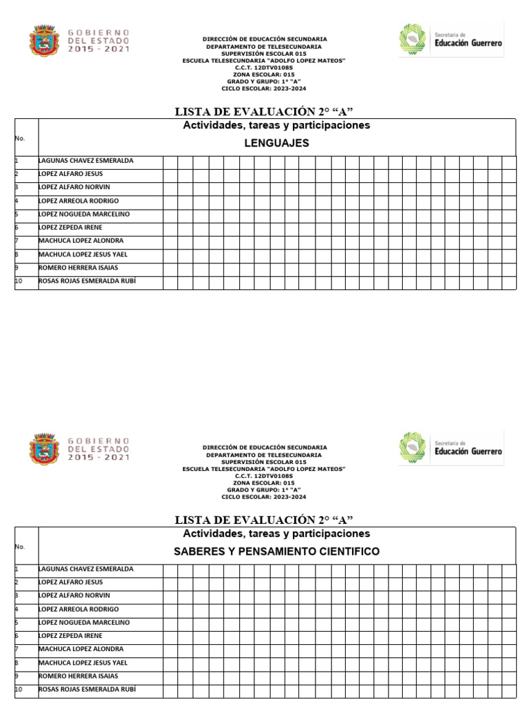 Listas de Evaluación 1º A | PDF | Educación Secundaria | Etapas educativas