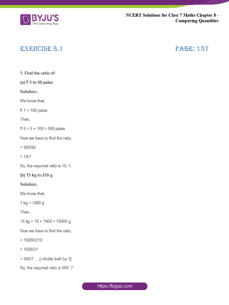 NCERT Solutions For Class 7 Maths 8may Chapter 8 Comparing Quantities Exercise 8.1 | PDF | Ratio ...