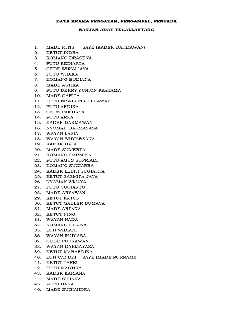 Daftar Anggota Banjar Tegallantang | PDF