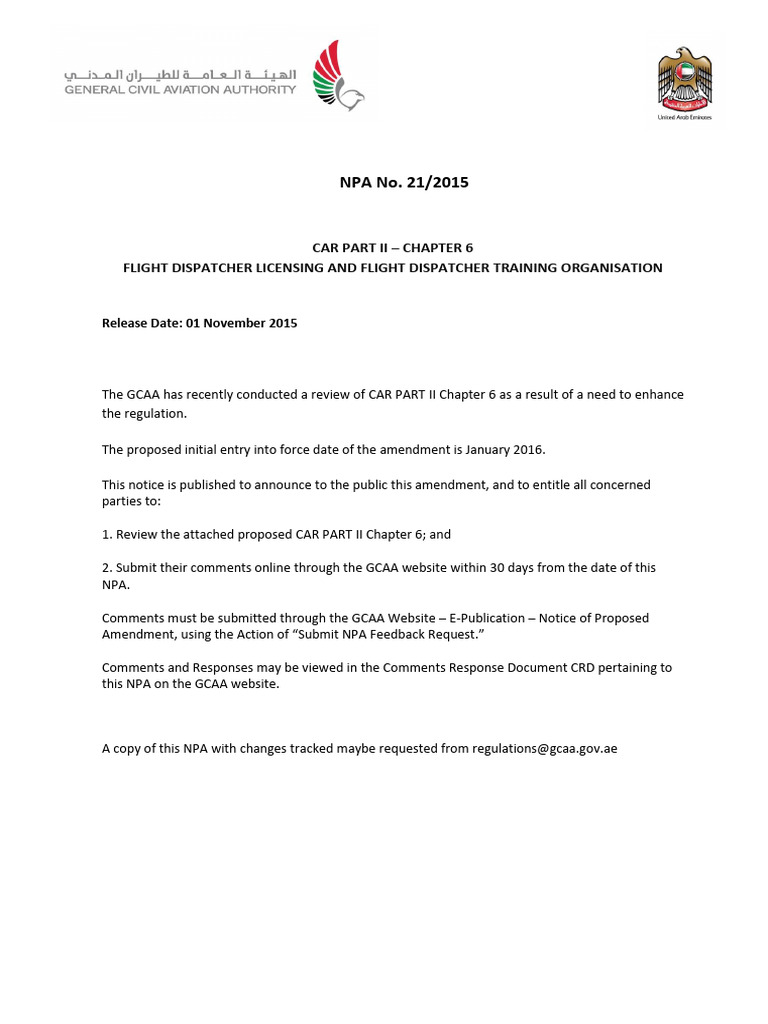 NPA 21-2015 CAR Part II Chapter 6 - FLIGHT DISPATCHER LICENSING AND ...