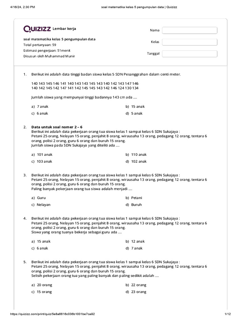 Soal Matematika Kelas 5 Pengumpulan Data - Quizizz | PDF