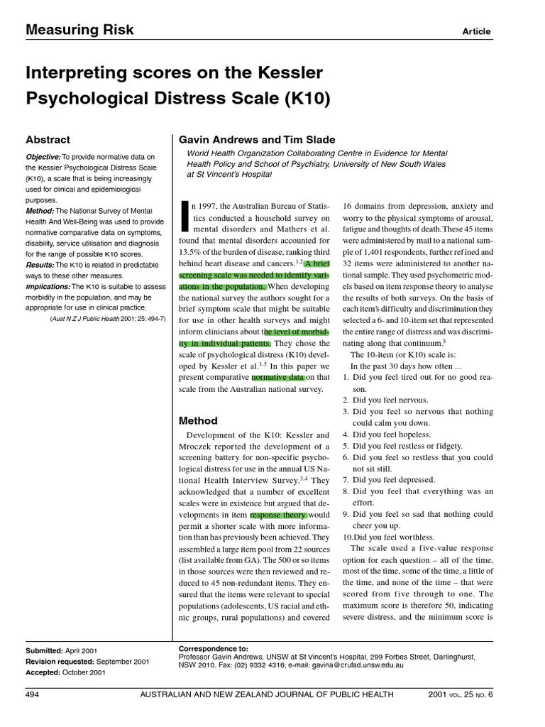Interpreting scores on the K10 | PDF | Mental Disorder | Mental Health