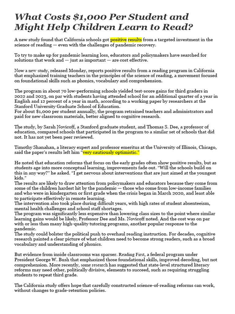 What Costs $1,000 Per Student and Might Help Children Learn To Read ...