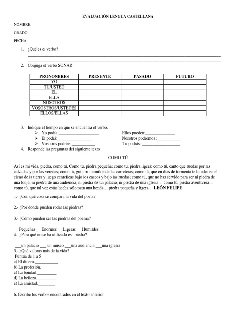 Evaluación Lengua Castellana Final | PDF