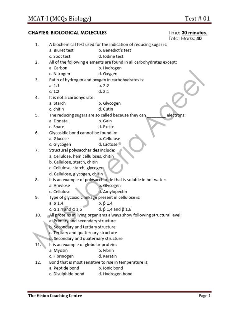 Biological Molecules Test | PDF | Carbohydrates | Glucose