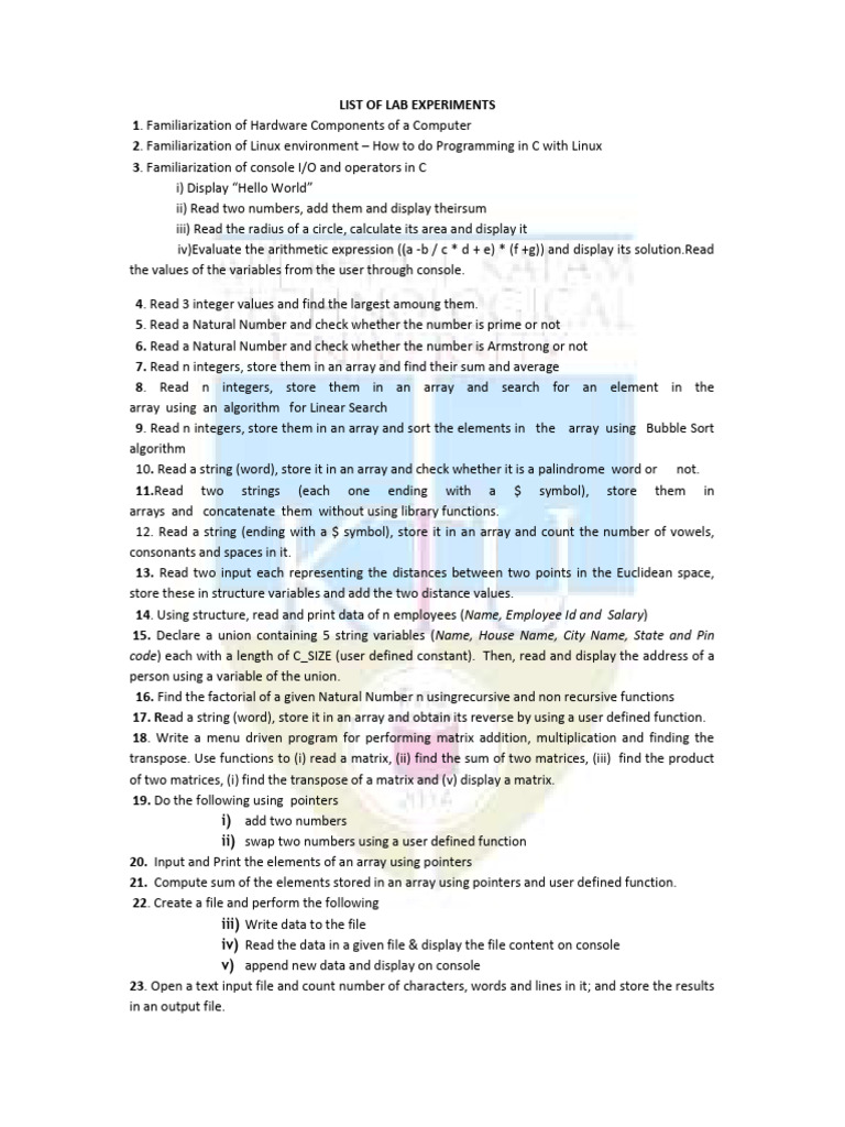 Lab Program In C Pdf Matrix Mathematics String Computer Science 7368