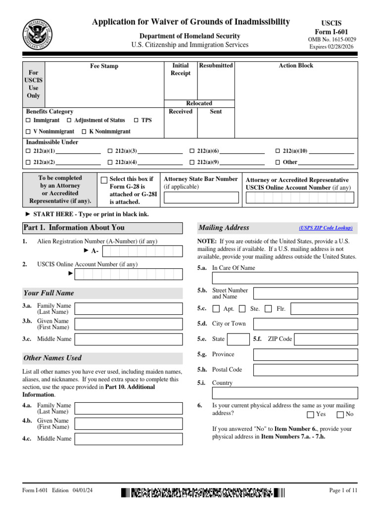 Application For Waiver of Grounds of Inadmissibility: Uscis Form I-601 ...