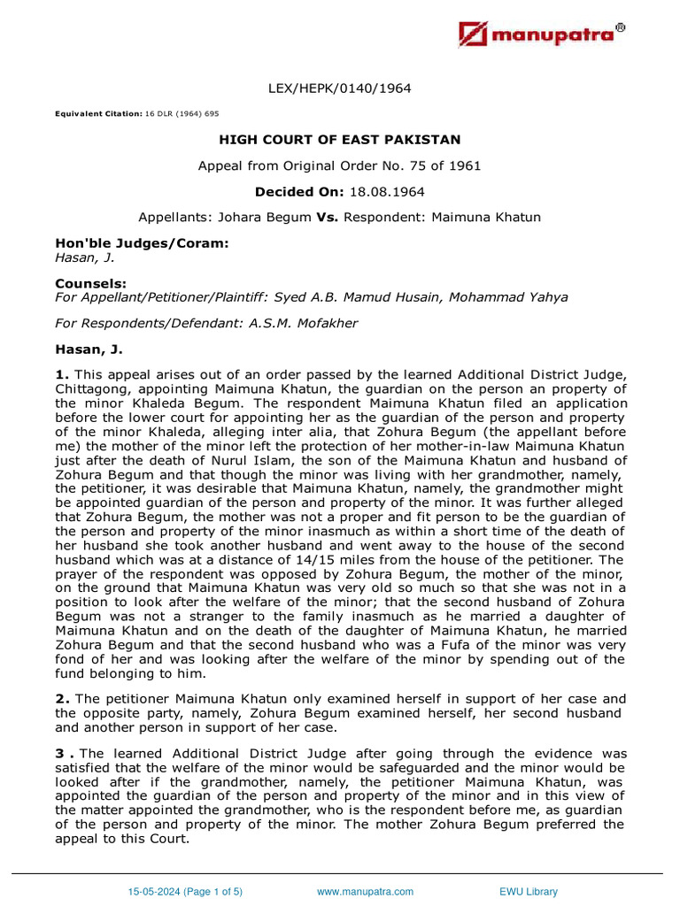 Custody Appeal: Maimuna Khatun vs. Zohura Begum | PDF | Legal Guardian ...