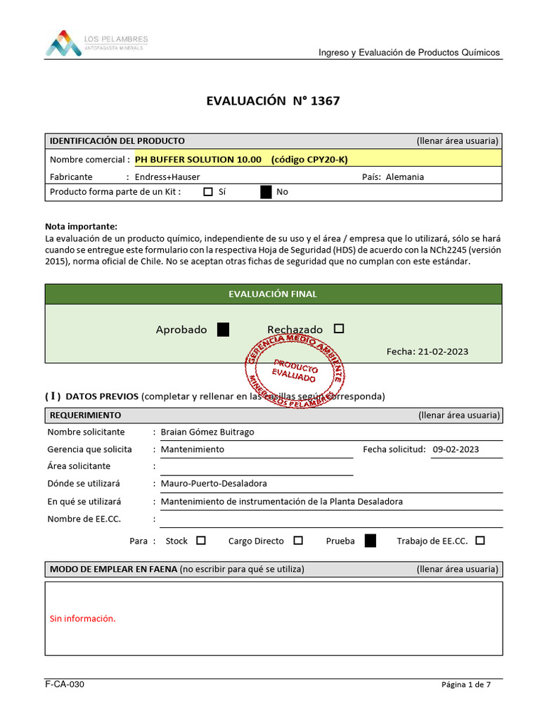 EVA-1367 - PH Buffer Solution 10.00 (Código CPY20-K) | PDF | Química | Materiales