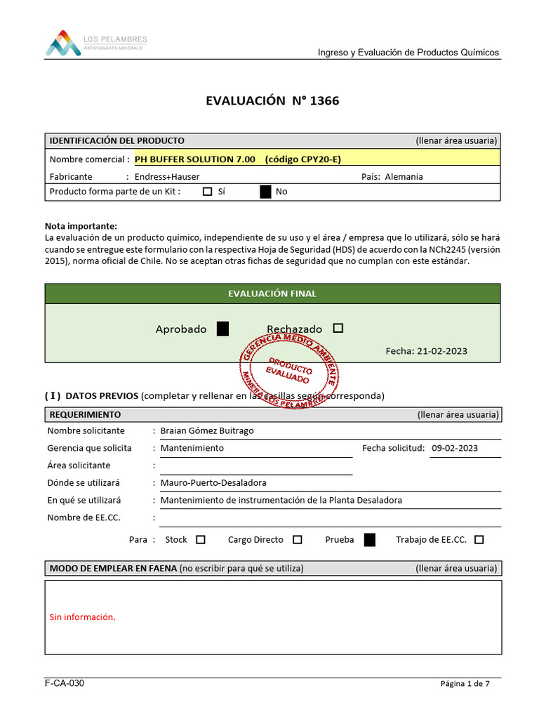 Eva-1366 - PH Buffer Solution 7.00 (Código Cpy20-E) | PDF ...