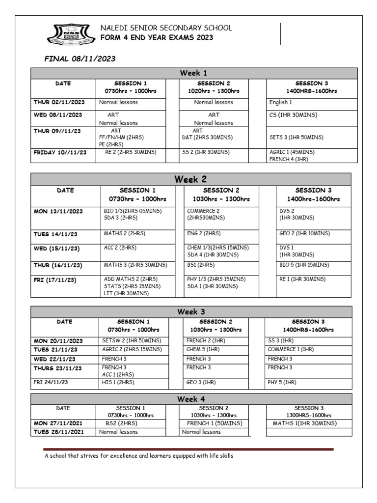 End of year 2023 Timetable | PDF