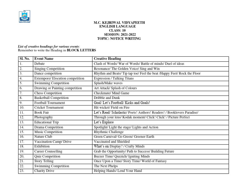 Creative Headings for Notice Writing | PDF