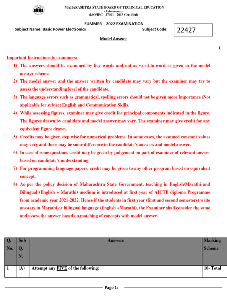 2022 Summer Model Answer Paper (Msbte Study Resources) | PDF | Power ...