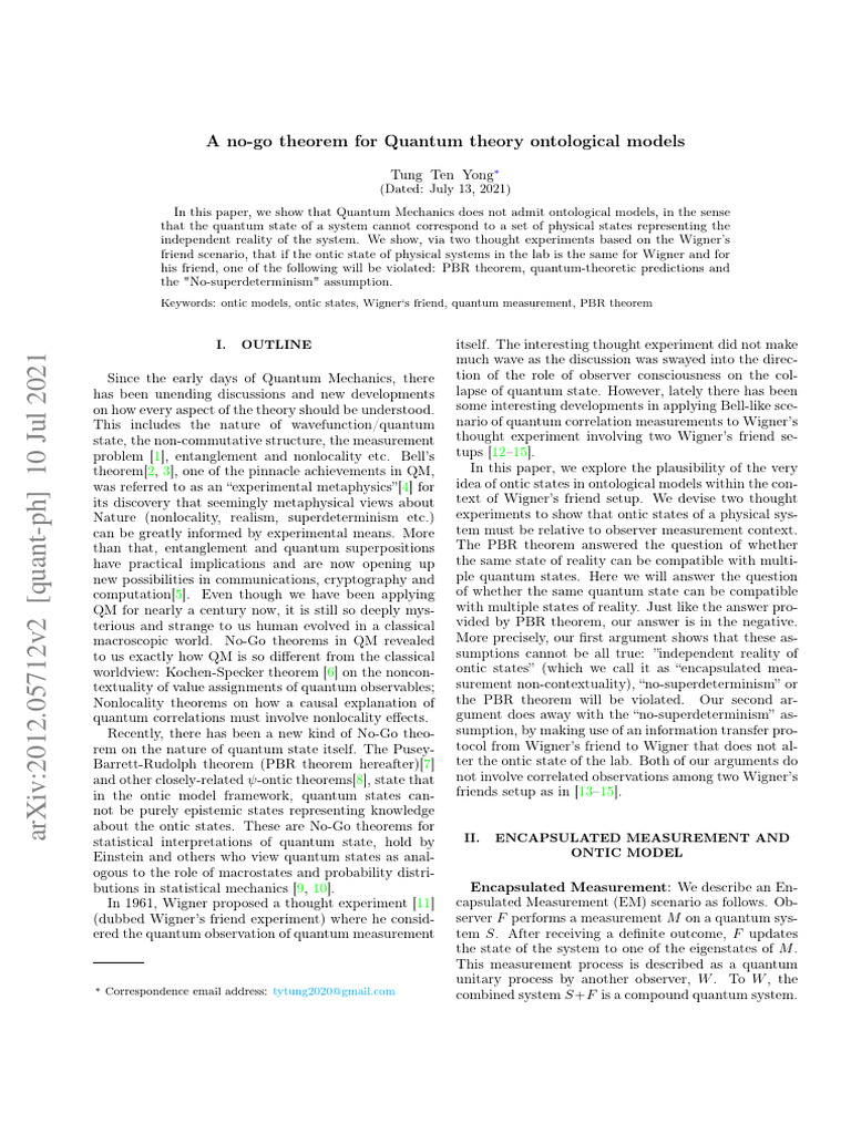 A No-Go Theorem For Quantum Theory Ontological Models - Tung Ten Yong - ArXiv - 2012.05712 | PDF ...