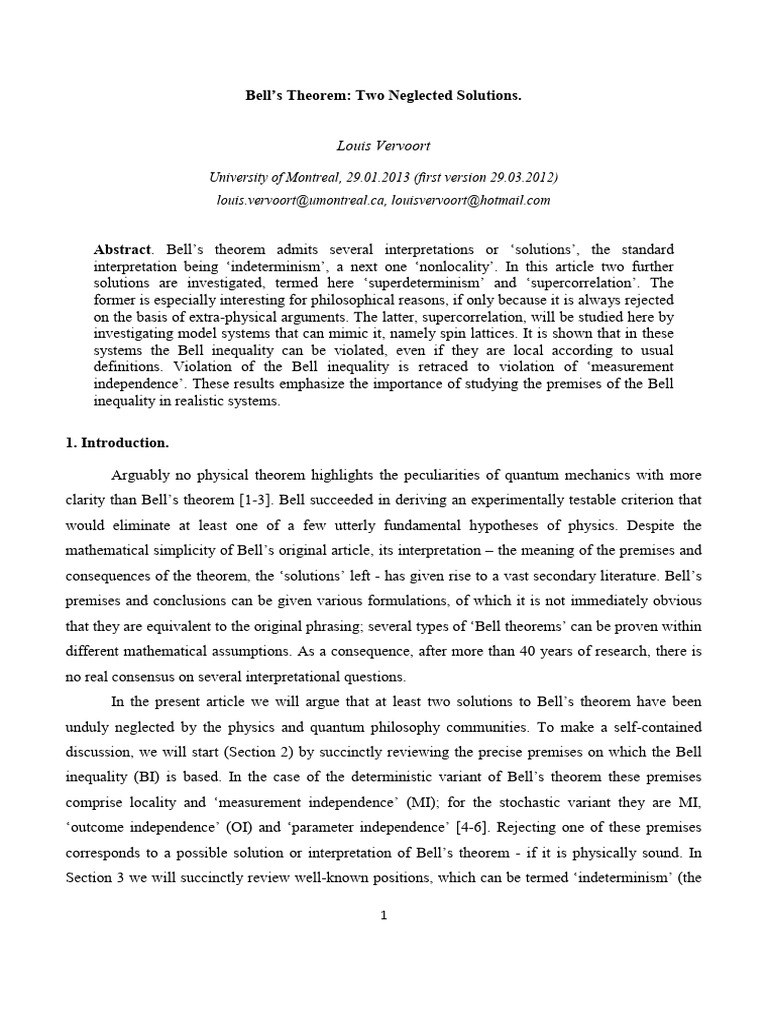 Bell's Theorem - Two Neglected Solutions - Louis Vervoort - ArXiv ...