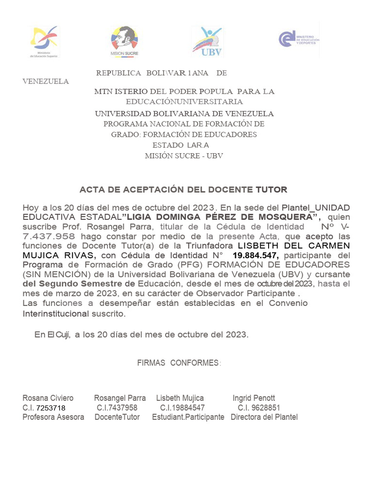 2.acta Aceptación Tutor de Lisbeth Mujica 2do Sem | PDF