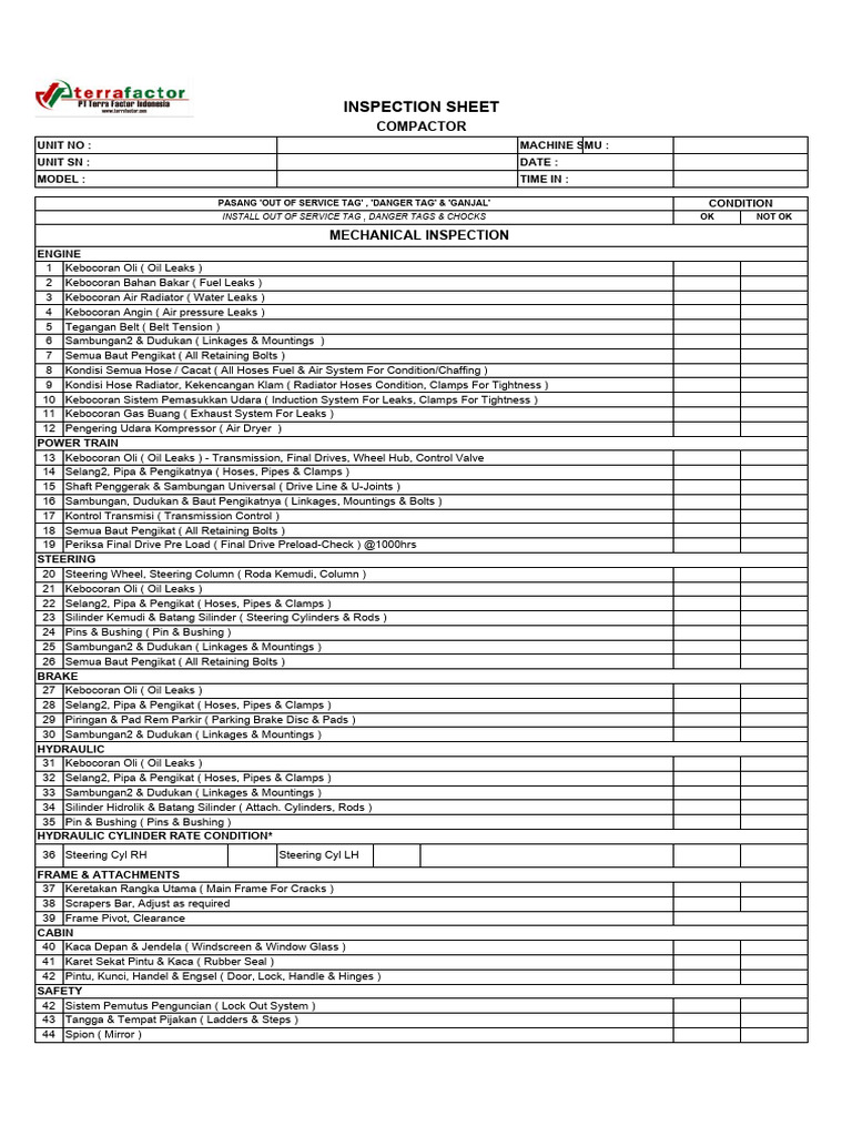 Inspection Sheet - For Compactor | PDF | Vehicles | Vehicle Technology