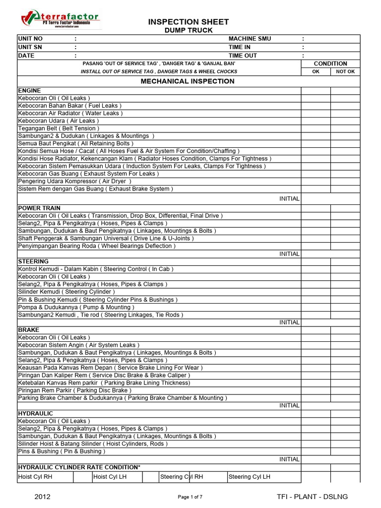 Dump Truck Inspection Checklist | PDF | Brake | Air Conditioning